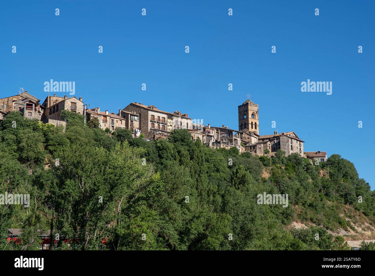 Architecture of the medieval town of Ainsa in the Pyrenees, Spain Stock ...