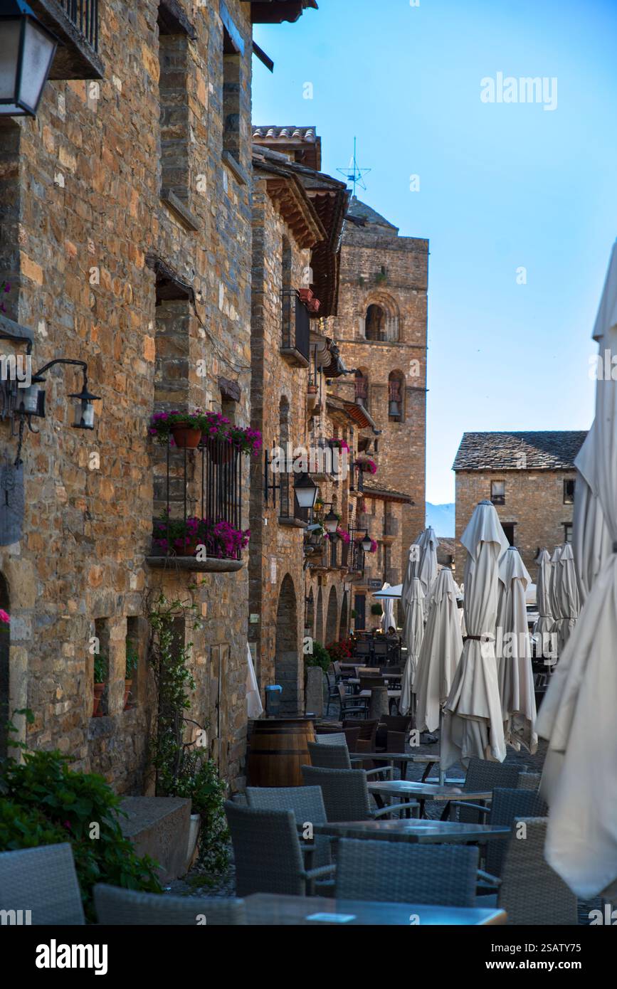 Architecture of the medieval town of Ainsa in the Pyrenees, Spain Stock ...