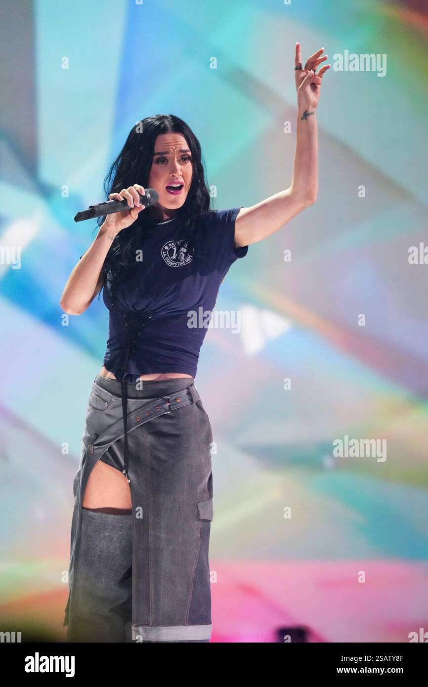 Katy Perry performs during the FireAid benefit concert on Thursday, Jan. 30, 2025, at Intuit ...