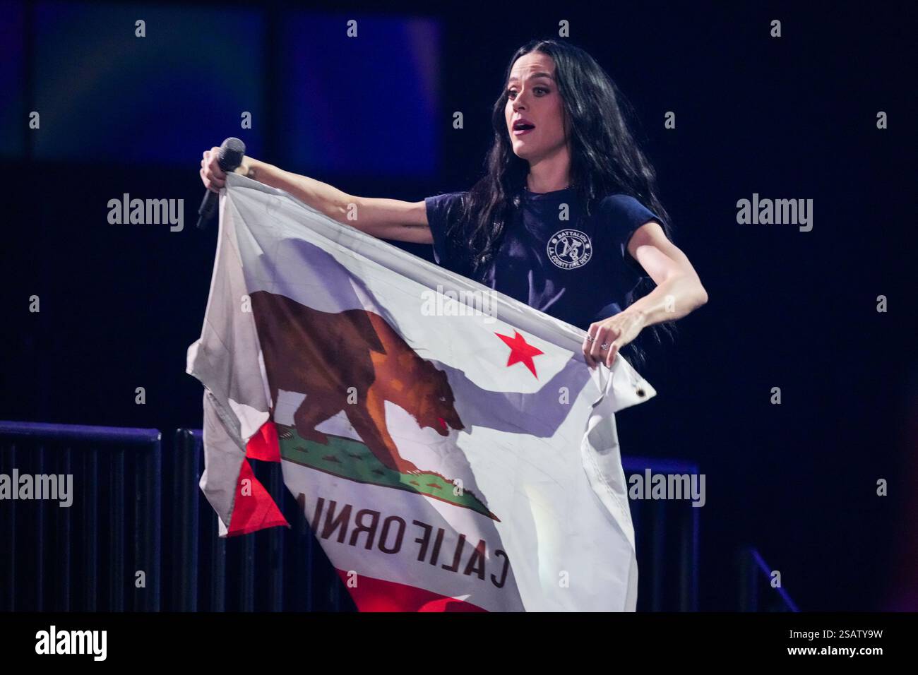Katy Perry performs during the FireAid benefit concert on Thursday, Jan. 30, 2025, at Intuit ...