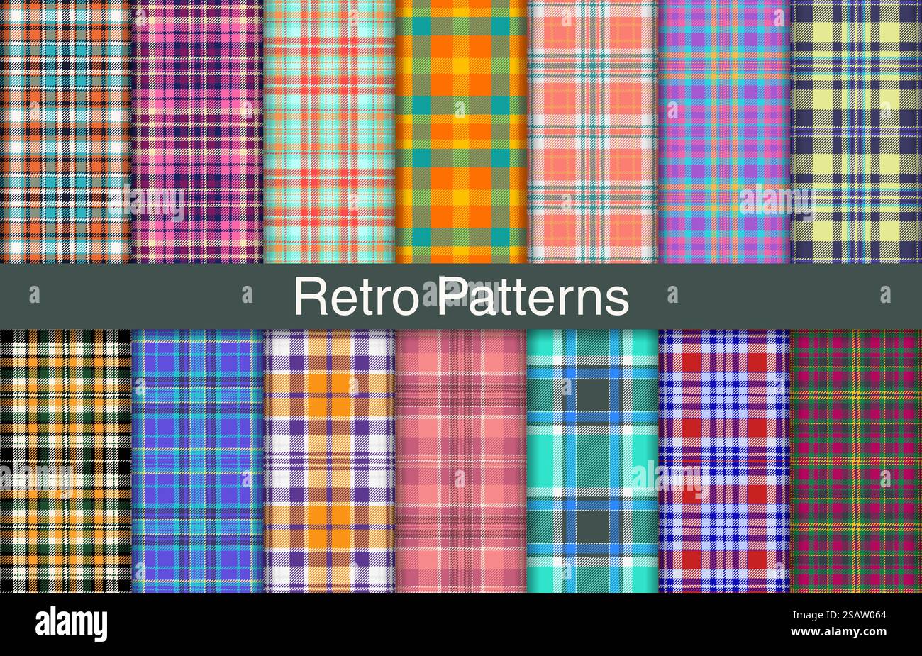 Retro plaid collection, textile design, checkered fabric pattern for ...