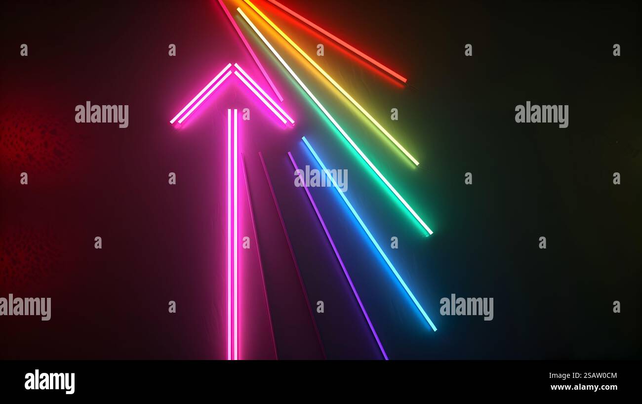 A striking image featuring a bold,neon rainbow-colored arrow pointing ...