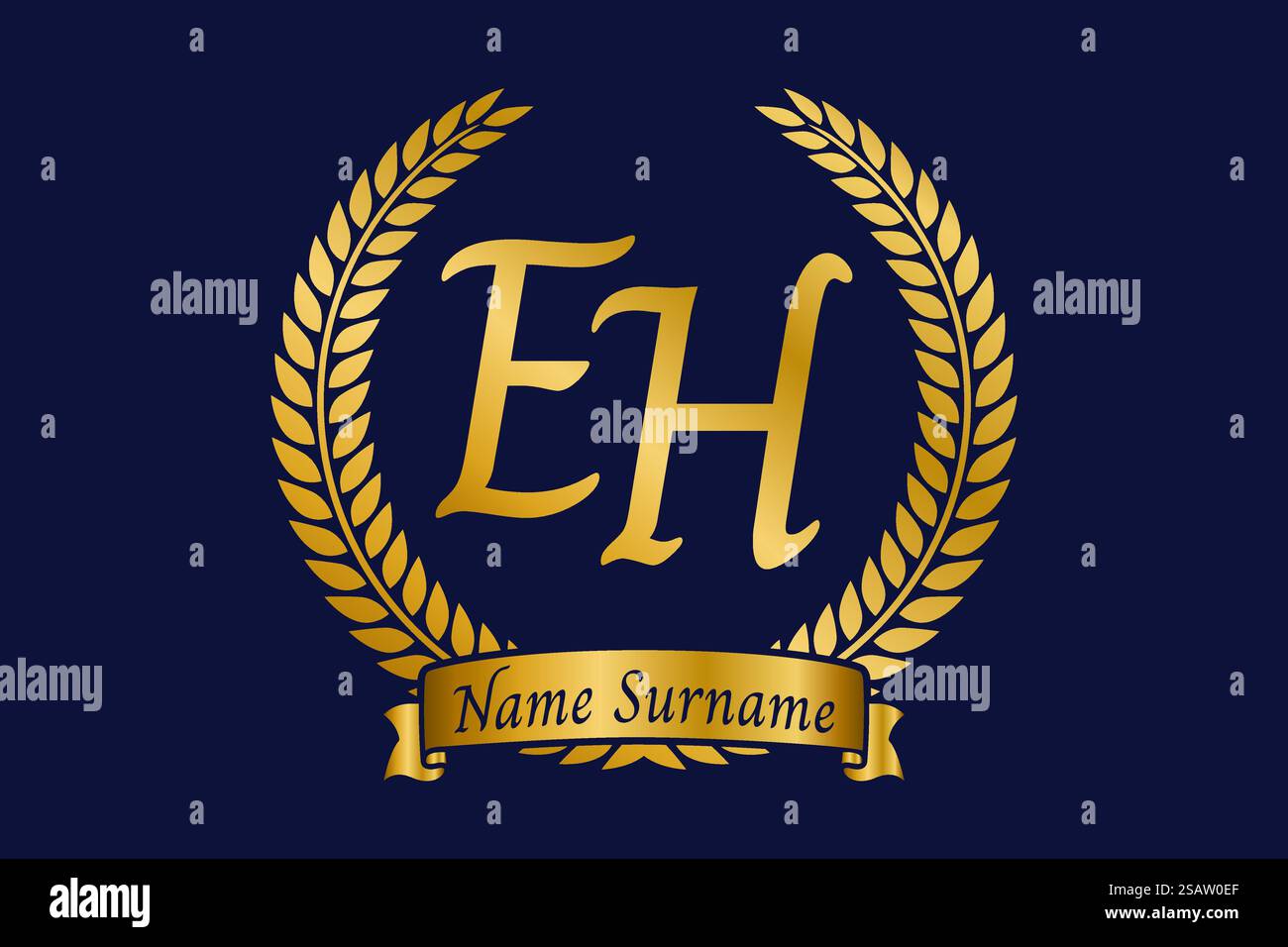 Initial letter E and H, EH monogram logo design with laurel wreath. Luxury golden emblem with ...