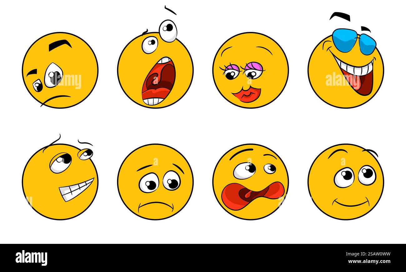 Set of trendy emoji. Cartoon emoticon sign. Vector fun character.. Set ...