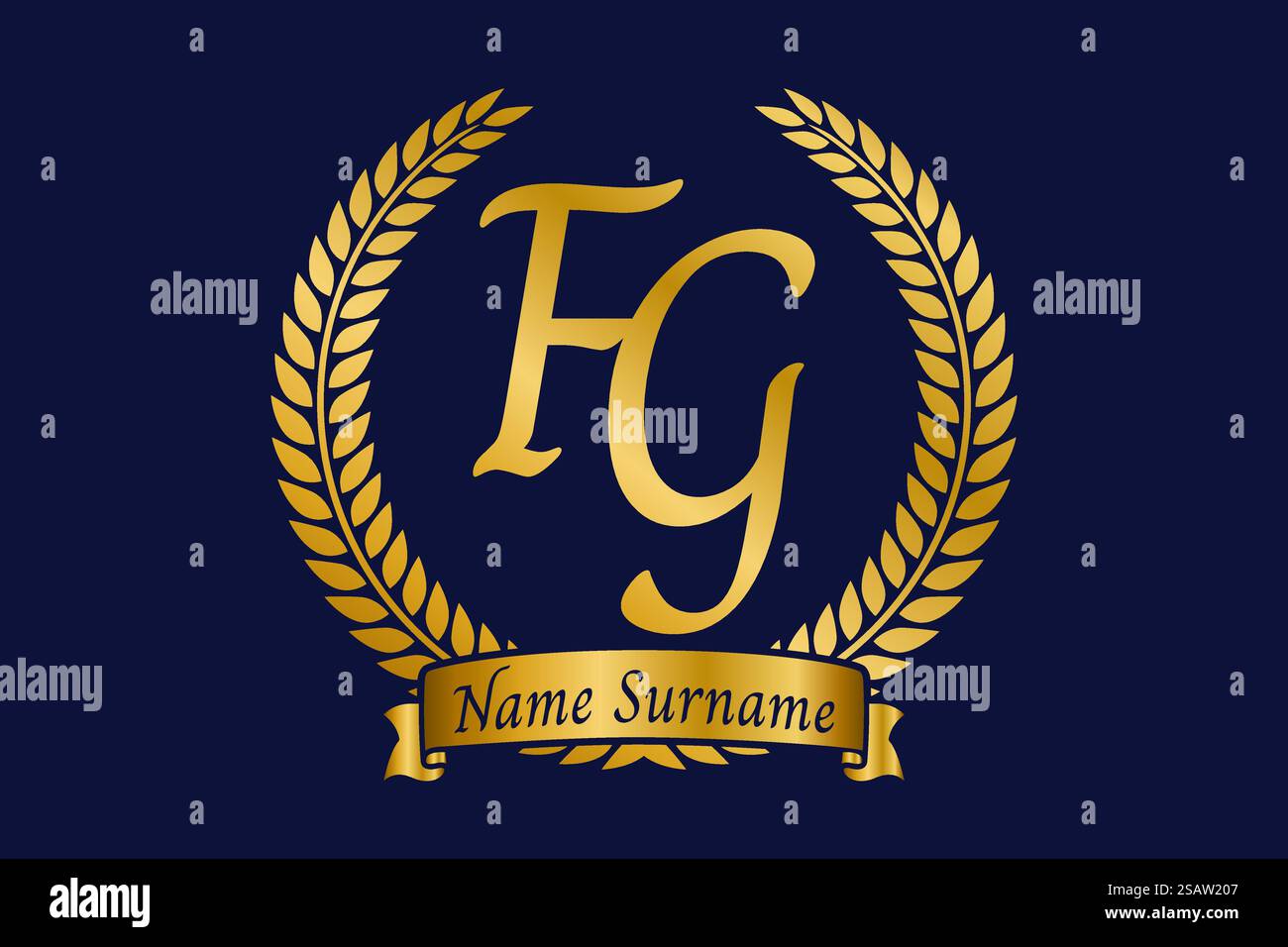 Initial letter F and G, FG monogram logo design with laurel wreath. Luxury golden emblem with ...