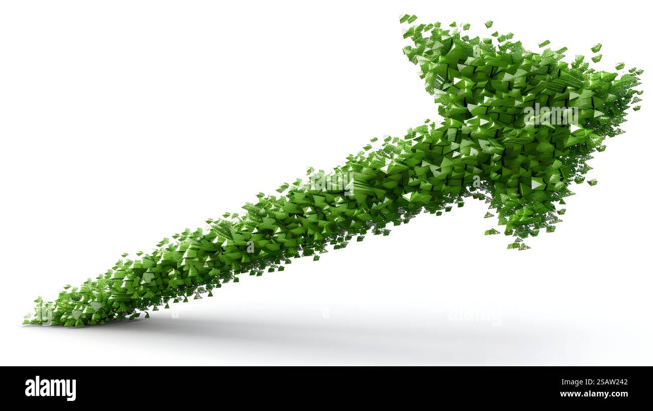 This striking image depicts a vibrant green arrow pointing upwards ...