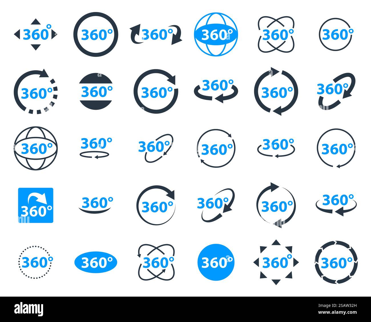 360 degrees icon set. Rotate arrow, VR reality panoramic symbol. Wide degree view icons. Virtual ...