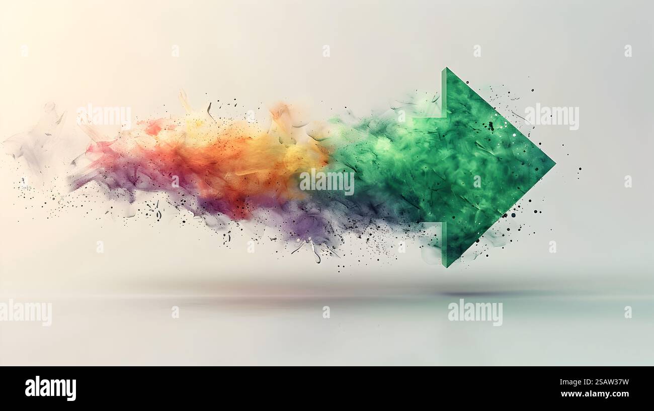 This dynamic and abstract image depicts a vibrant green arrow surging ...