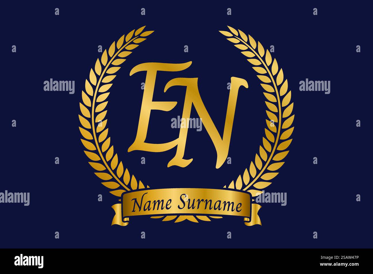 Initial letter E and N, EN monogram logo design with laurel wreath. Luxury golden emblem with ...