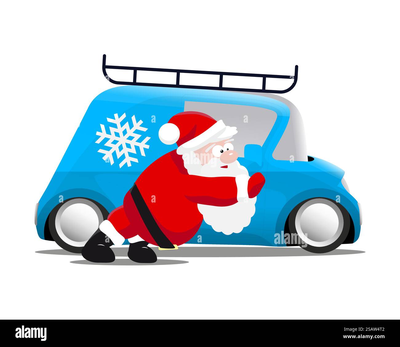 Santa pushing a blue mini car, vector illustration. Santa pushing a ...