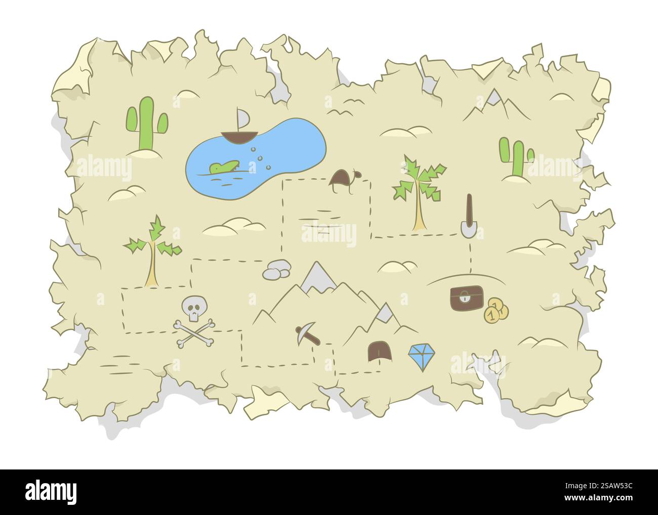 Pirate treasure map on a tattered old paper flat color design. Vector ...