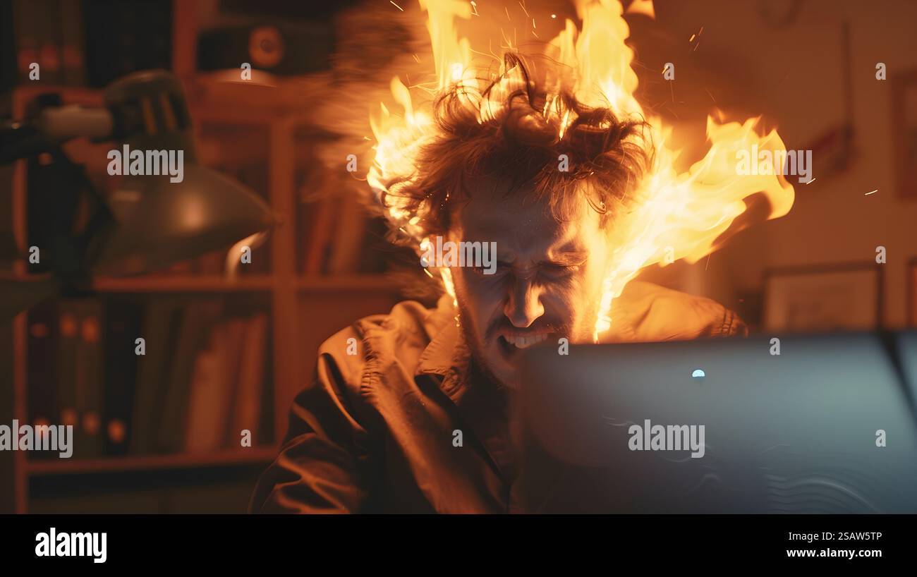 The image depicts an irate,furious man with his head seemingly on fire ...