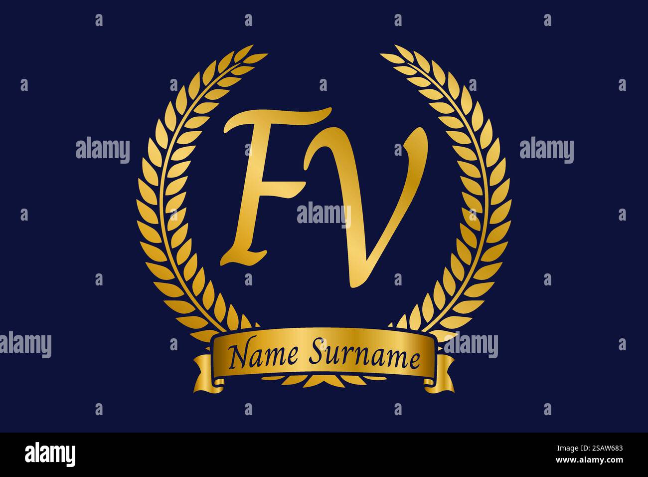 Initial letter F and V, FV monogram logo design with laurel wreath. Luxury golden emblem with ...