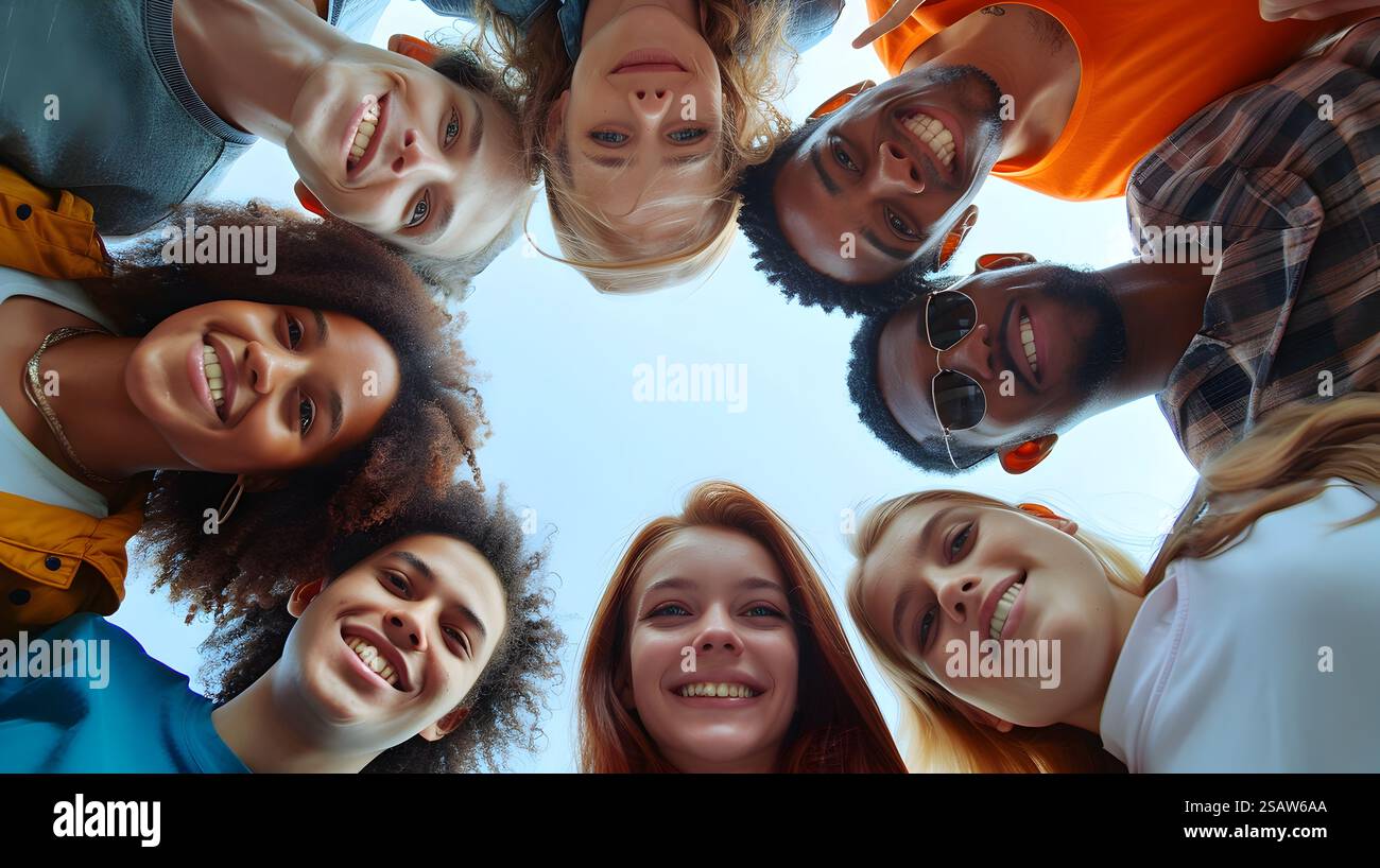 The image depicts a close-up,high-angle view of a diverse group of ...