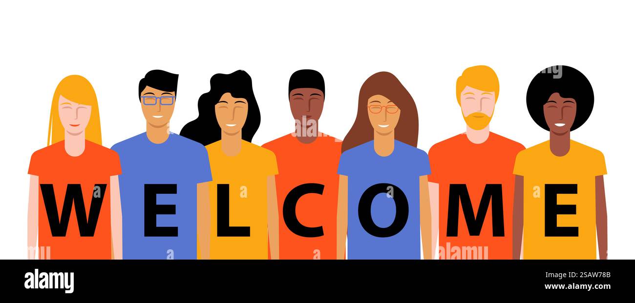 Welcome banner teamwork community. Vector illustration diverse group ...