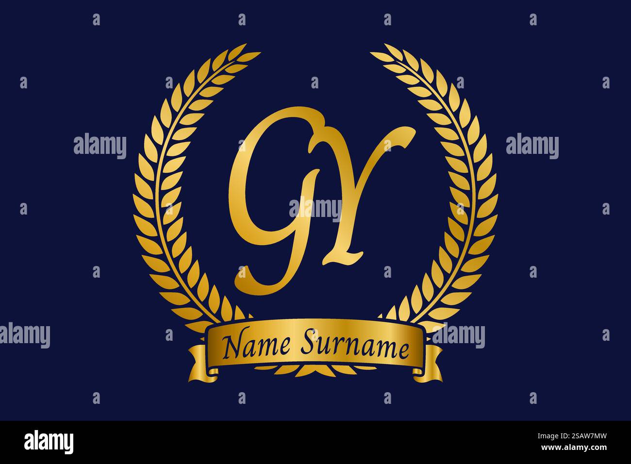 Initial letter G and Y, GY monogram logo design with laurel wreath. Luxury golden emblem with ...