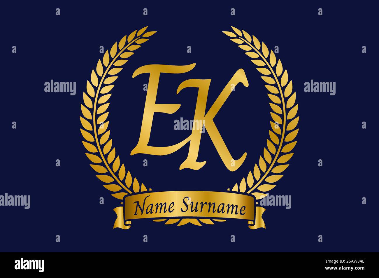 Initial letter E and K, EK monogram logo design with laurel wreath. Luxury golden emblem with ...