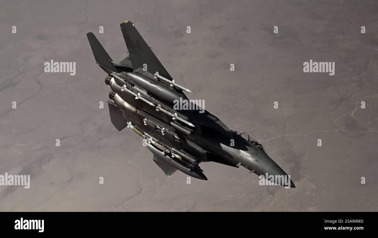 A U.S. Air Force F-15E Strike Eagle conducts a routine combat air ...