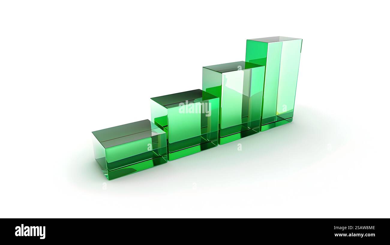 This image depicts a transparent green glass 3D bar chart on a white ...