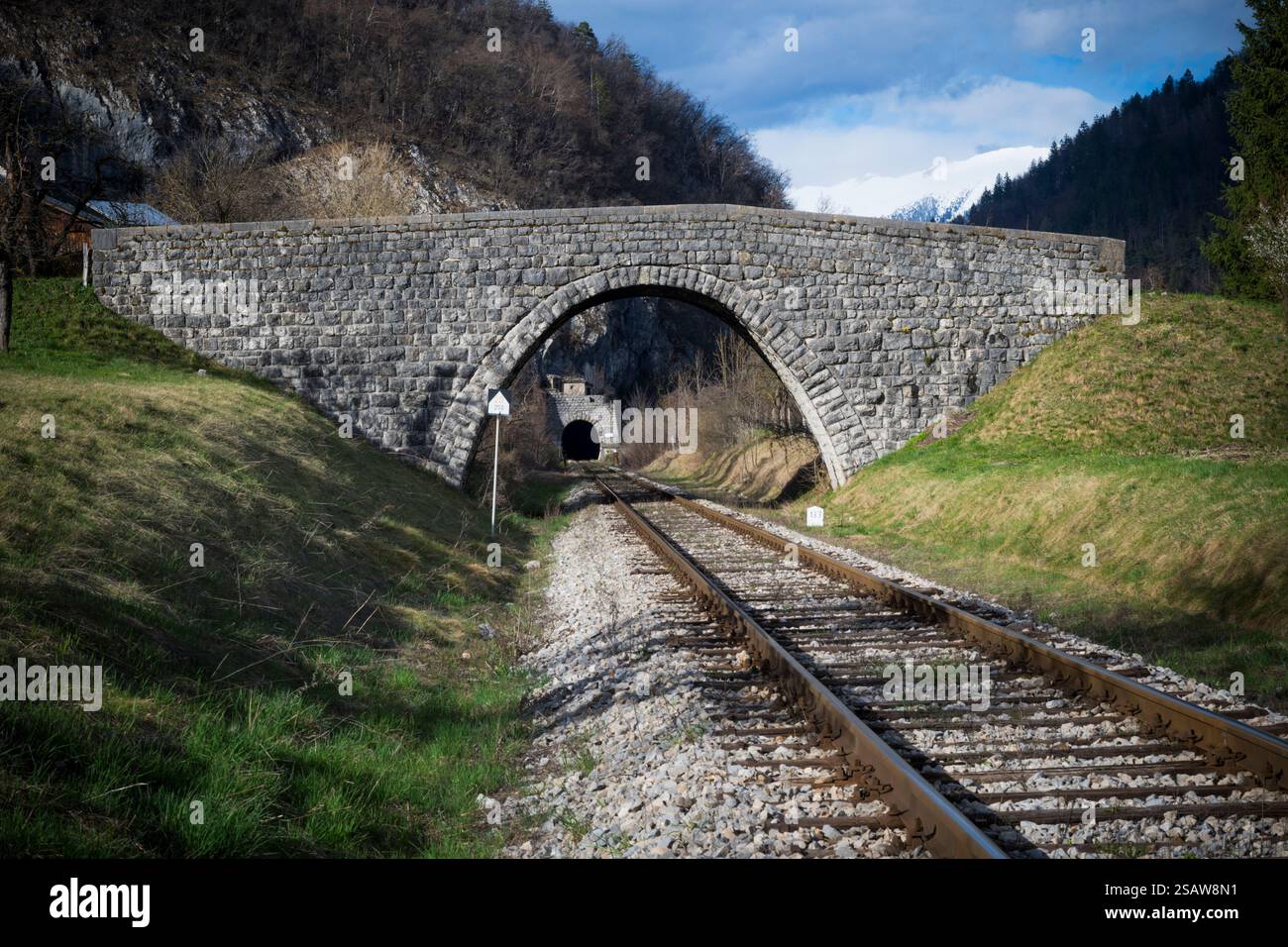 Railway track under bridge and into tunnel Stock Photo - Alamy