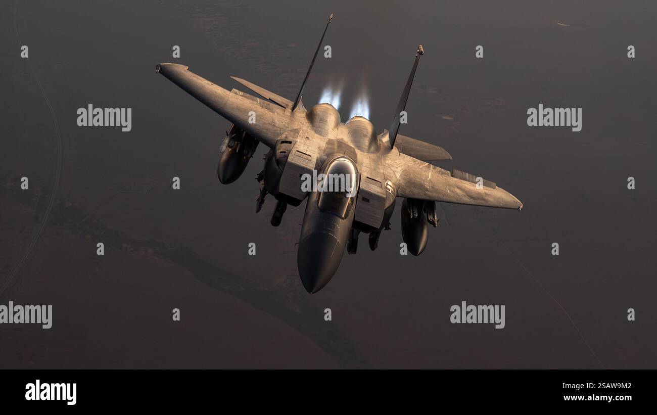 A U.S. Air Force F-15E Strike Eagle conducts a routine combat air ...