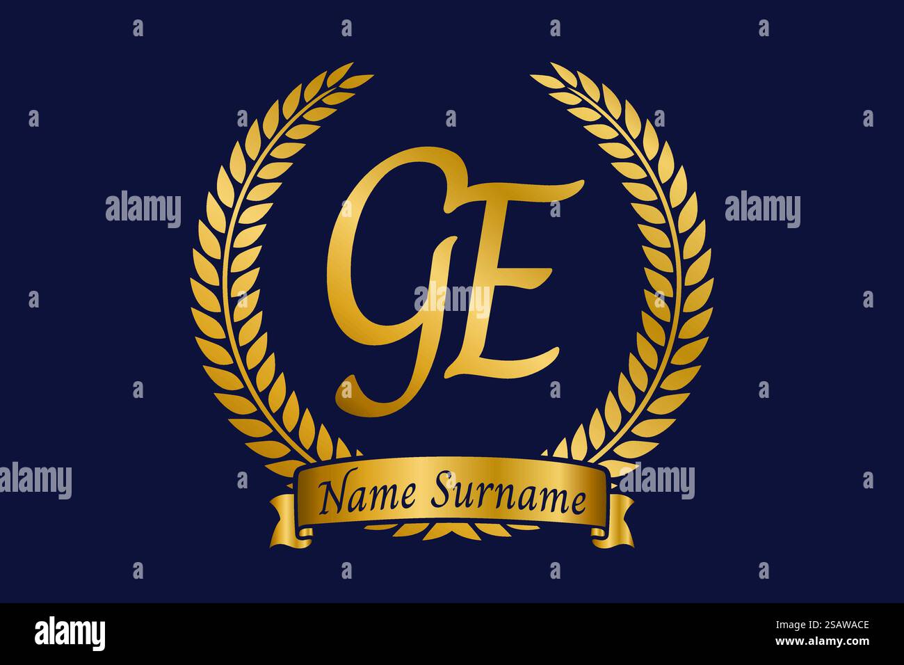 Initial letter G and E, GE monogram logo design with laurel wreath. Luxury golden emblem with ...