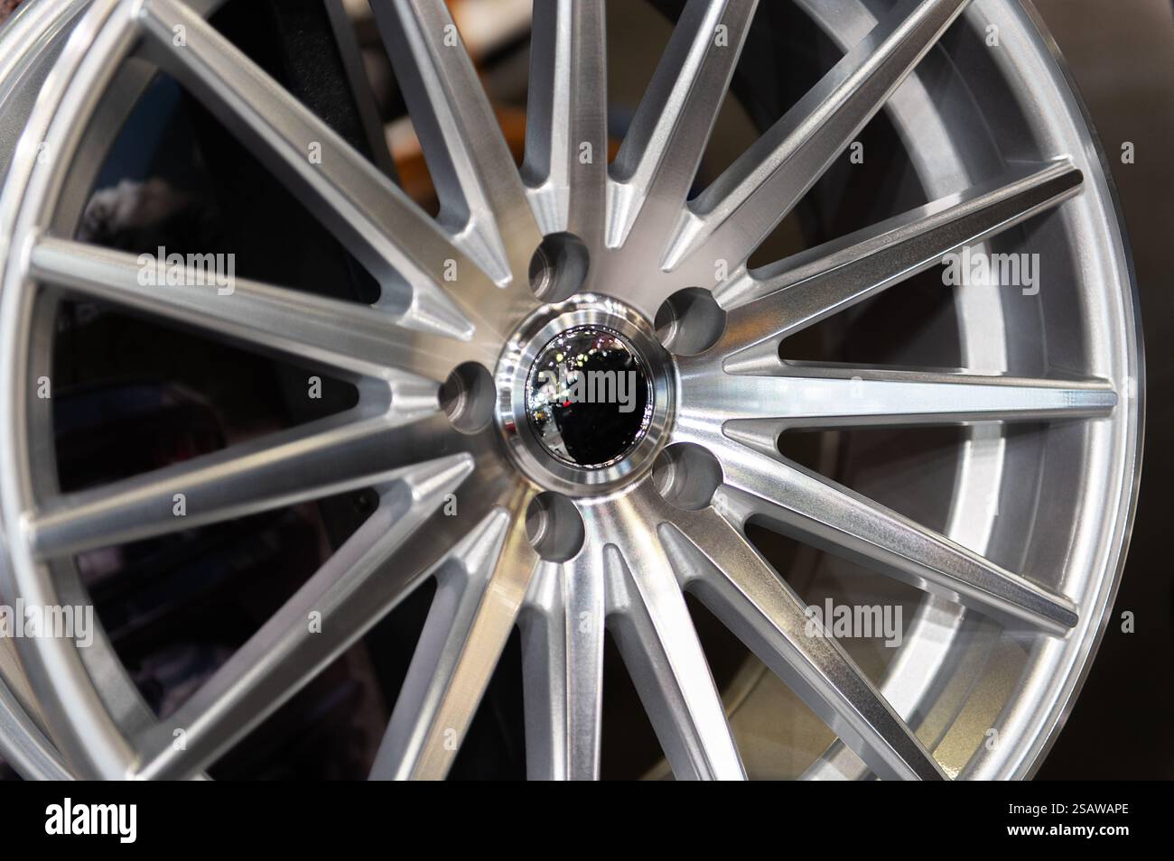 Close-up of modern sports car wheels, low profile tires on aluminum rims. Stylish sport car ...