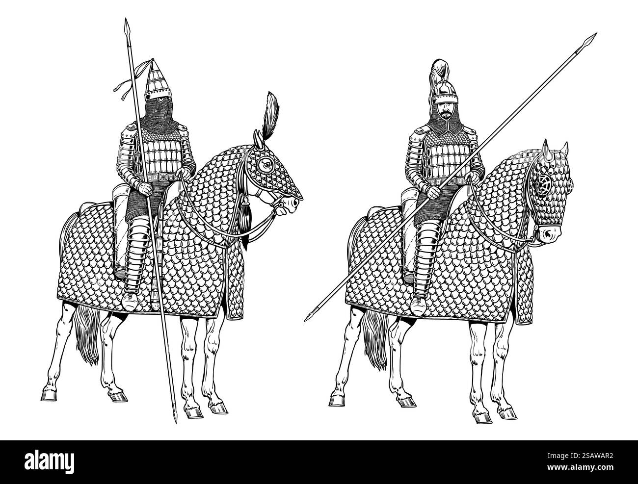 Handmade historical drawing with the Parthian heavily armed horsemen ...