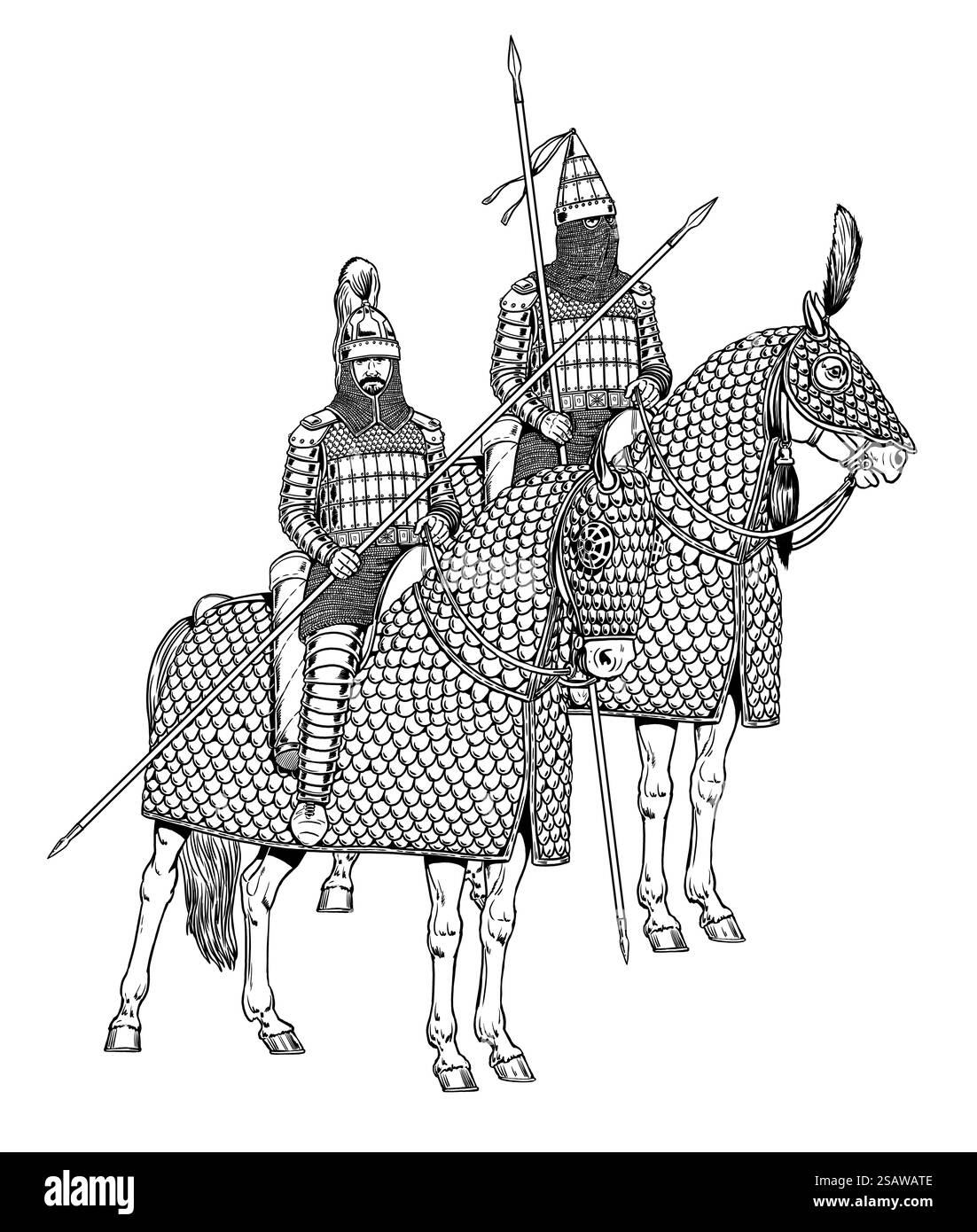 Handmade historical drawing with the Parthian heavily armed horsemen ...