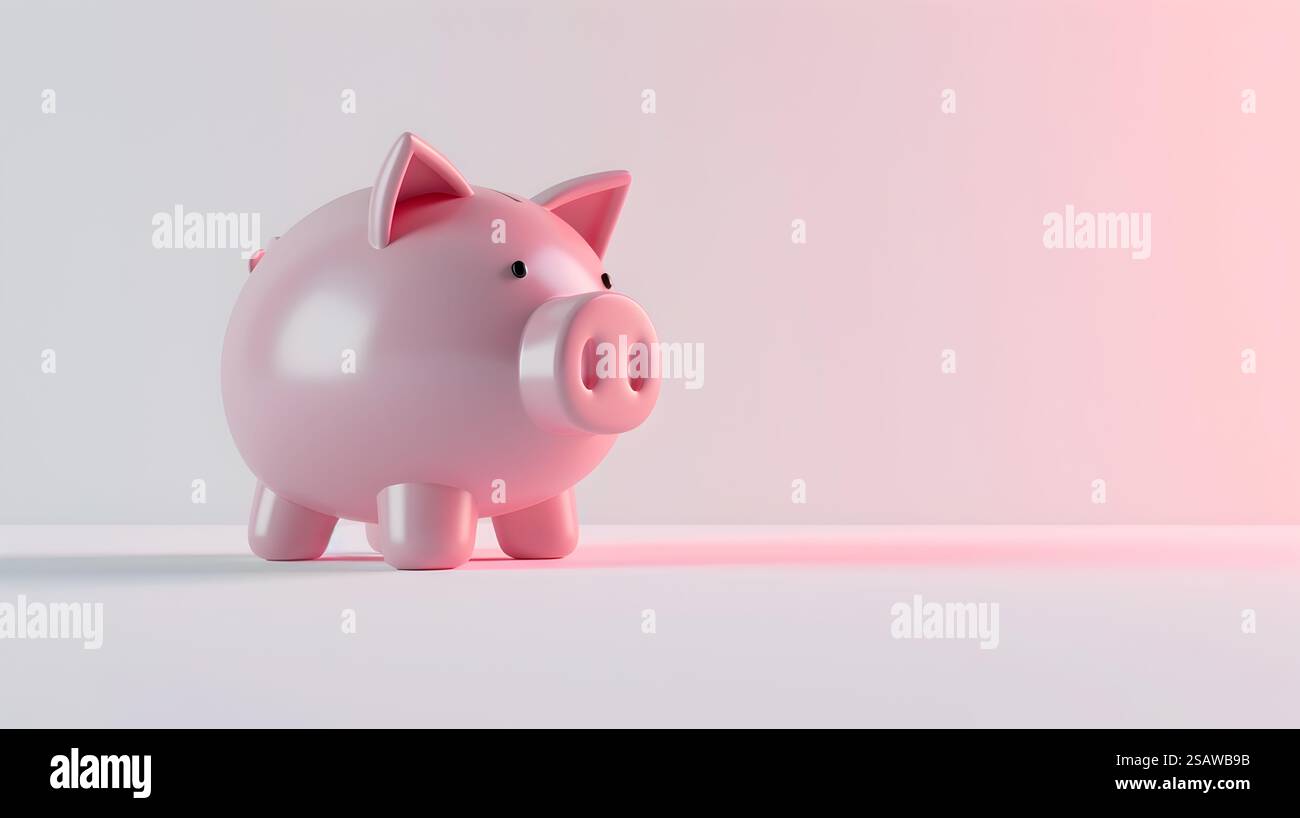 This image depicts a 3D rendered piggy bank in a minimalist,clean ...
