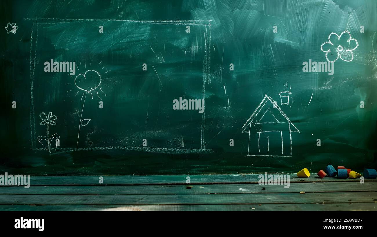 This vibrant image depicts a deep green chalkboard with playful ...