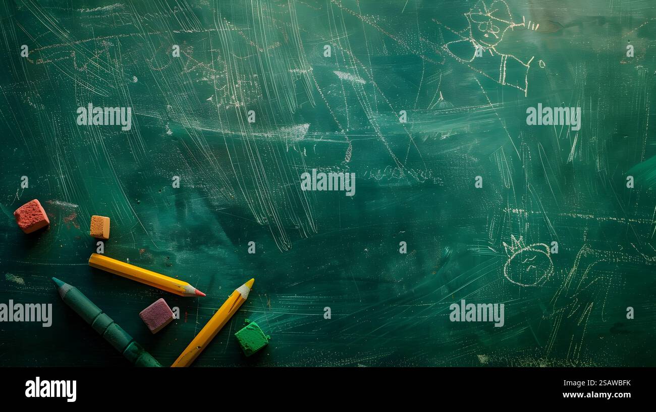 This image depicts a vibrant green chalkboard with various chalk ...