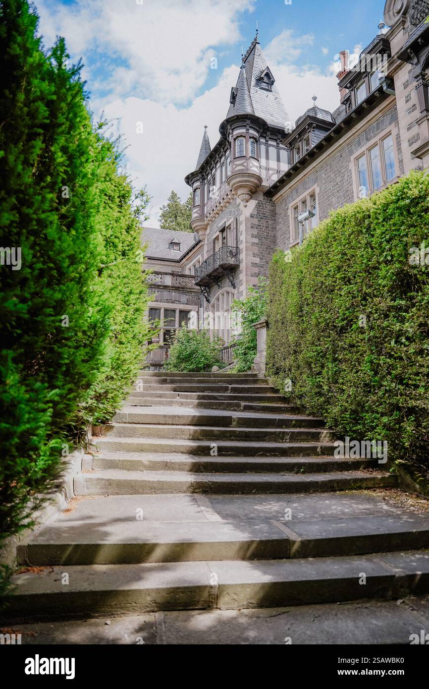 Medieval Brownstone Castle in Europe with Two Turrets, A staircase ...