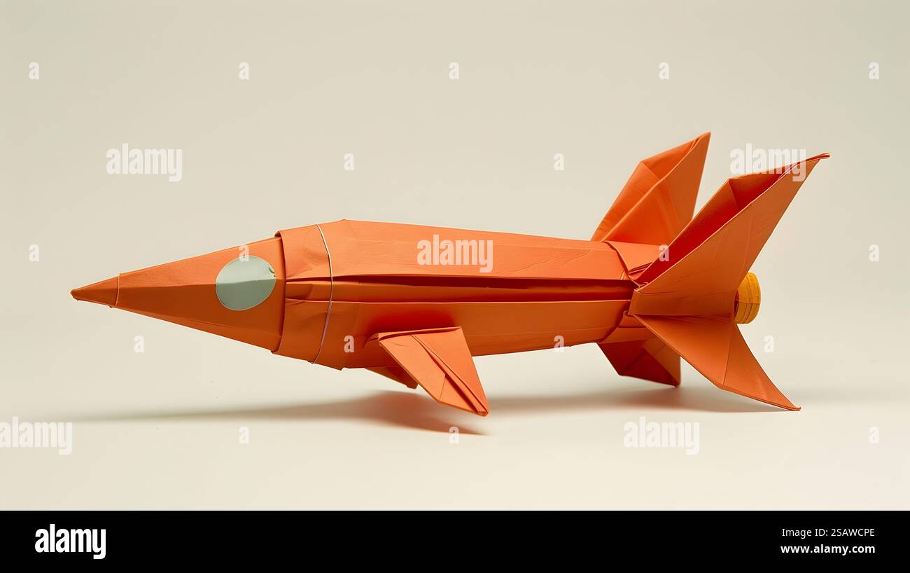 This image depicts a striking origami-style model of a rocket ...