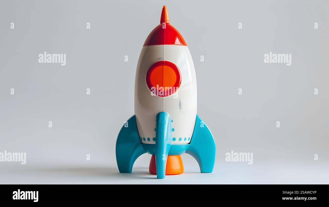 A sleek,retro-inspired toy rocket ship stands boldly against a pristine ...