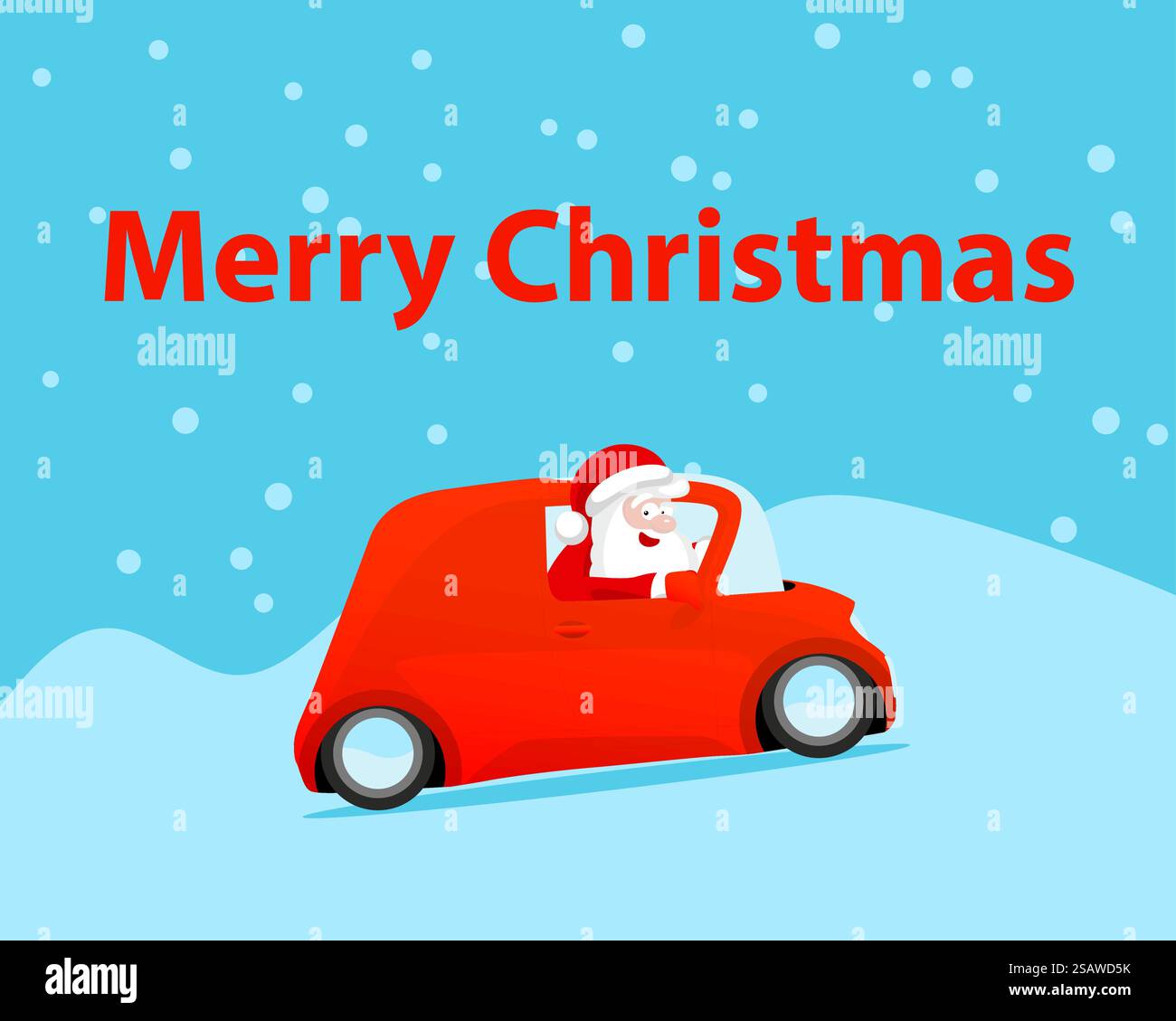 Gift card Merry Christmas. Vector Santa Claus drive car red color in ...