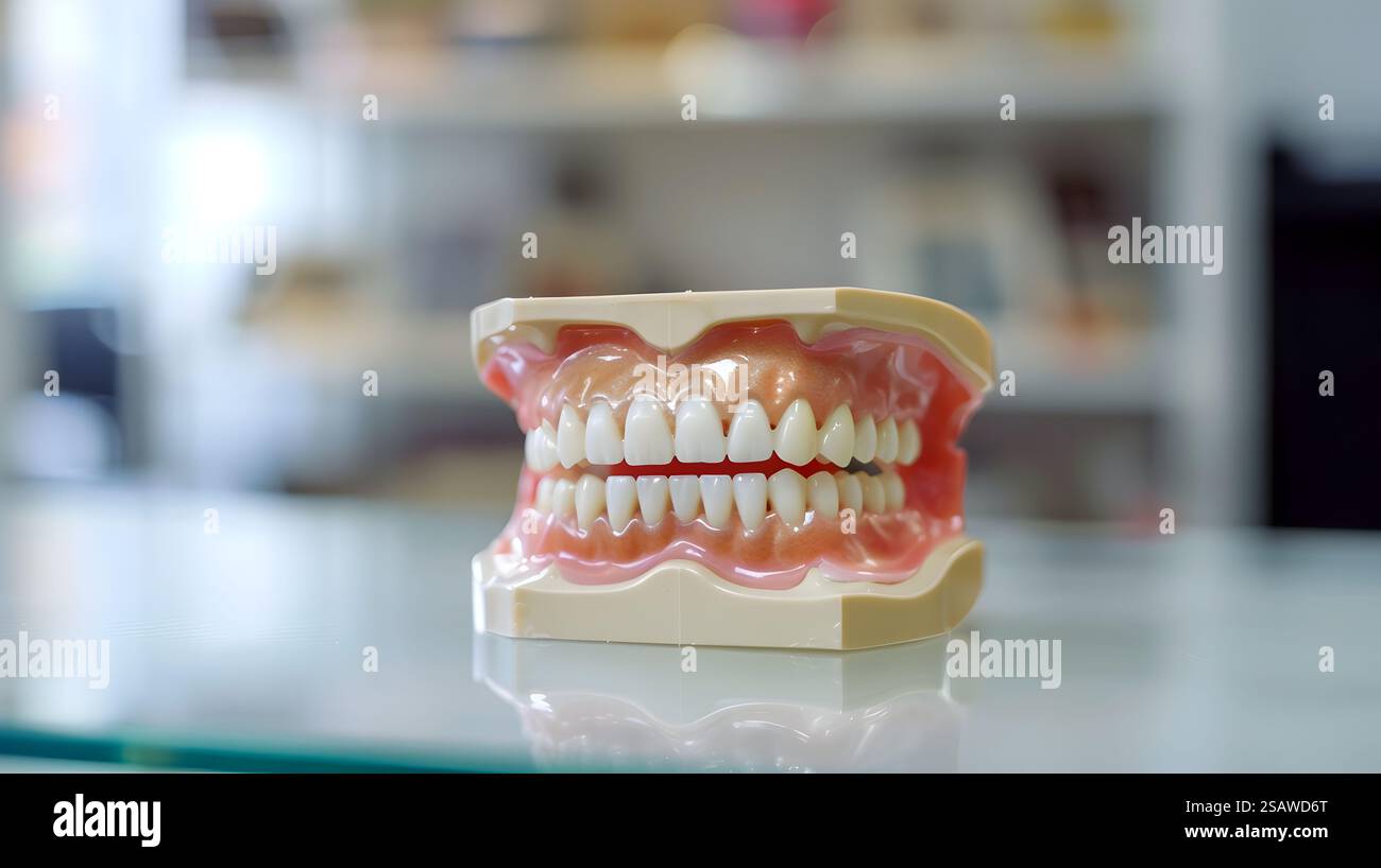 This image depicts a detailed model of a denture,showcasing the ...