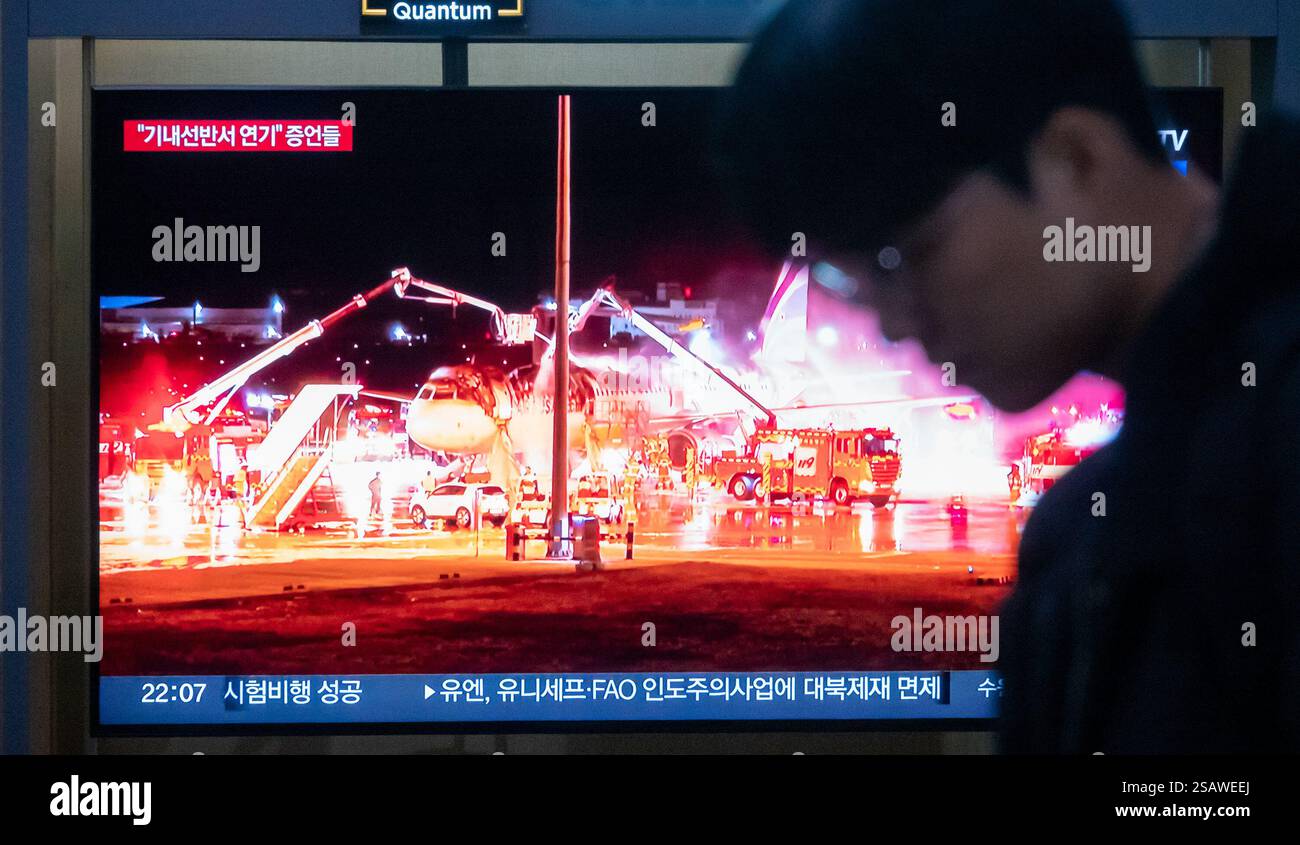 A fire-destroyed Air Busan plane, Jan 29, 2025 : A TV screen at Seoul ...