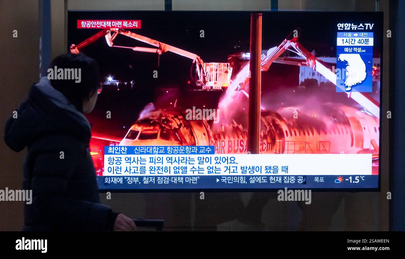 A fire-destroyed Air Busan plane, Jan 29, 2025 : A TV screen at Seoul ...