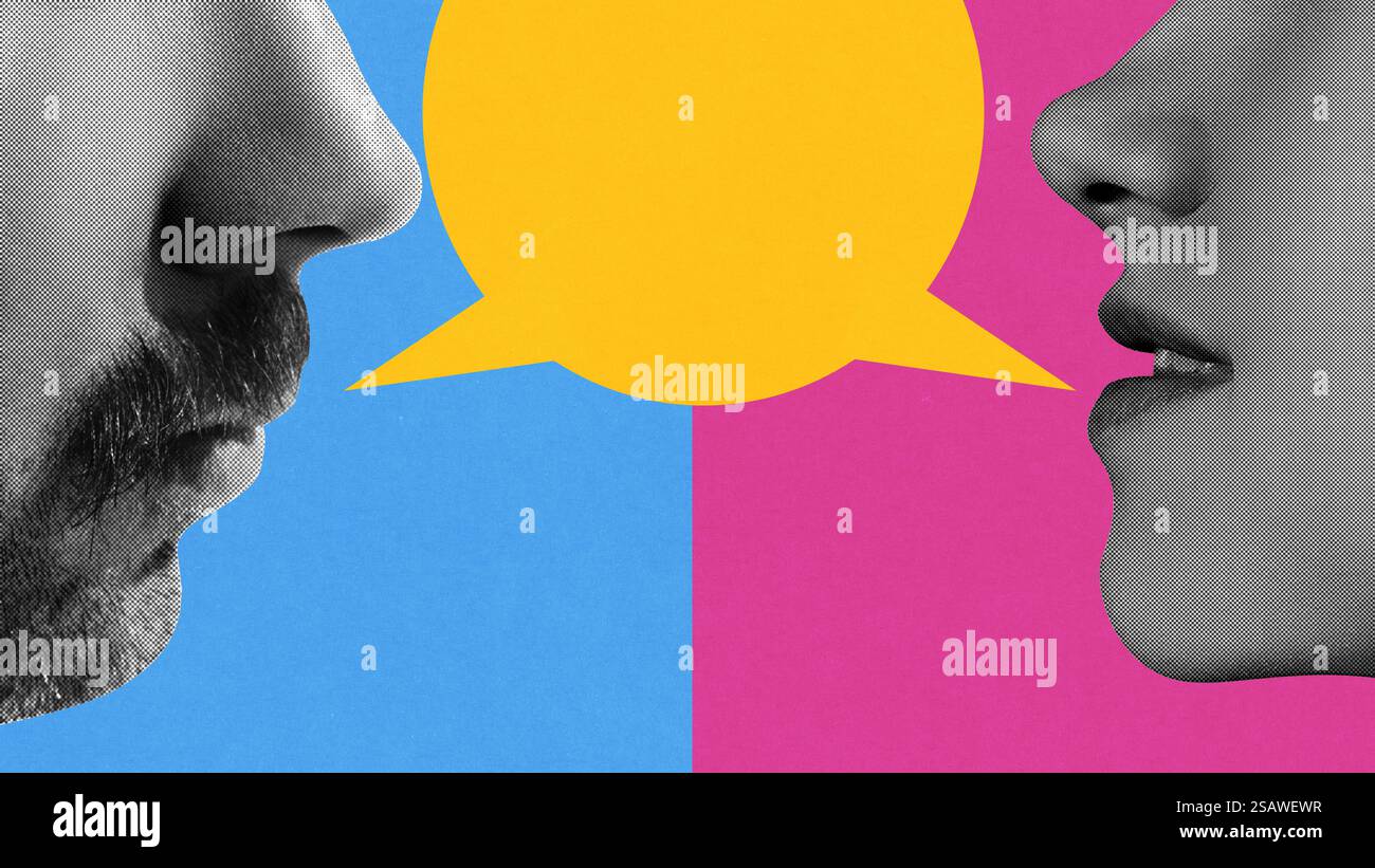 Conceptual graphic design. Man with mustache and woman in profile ...