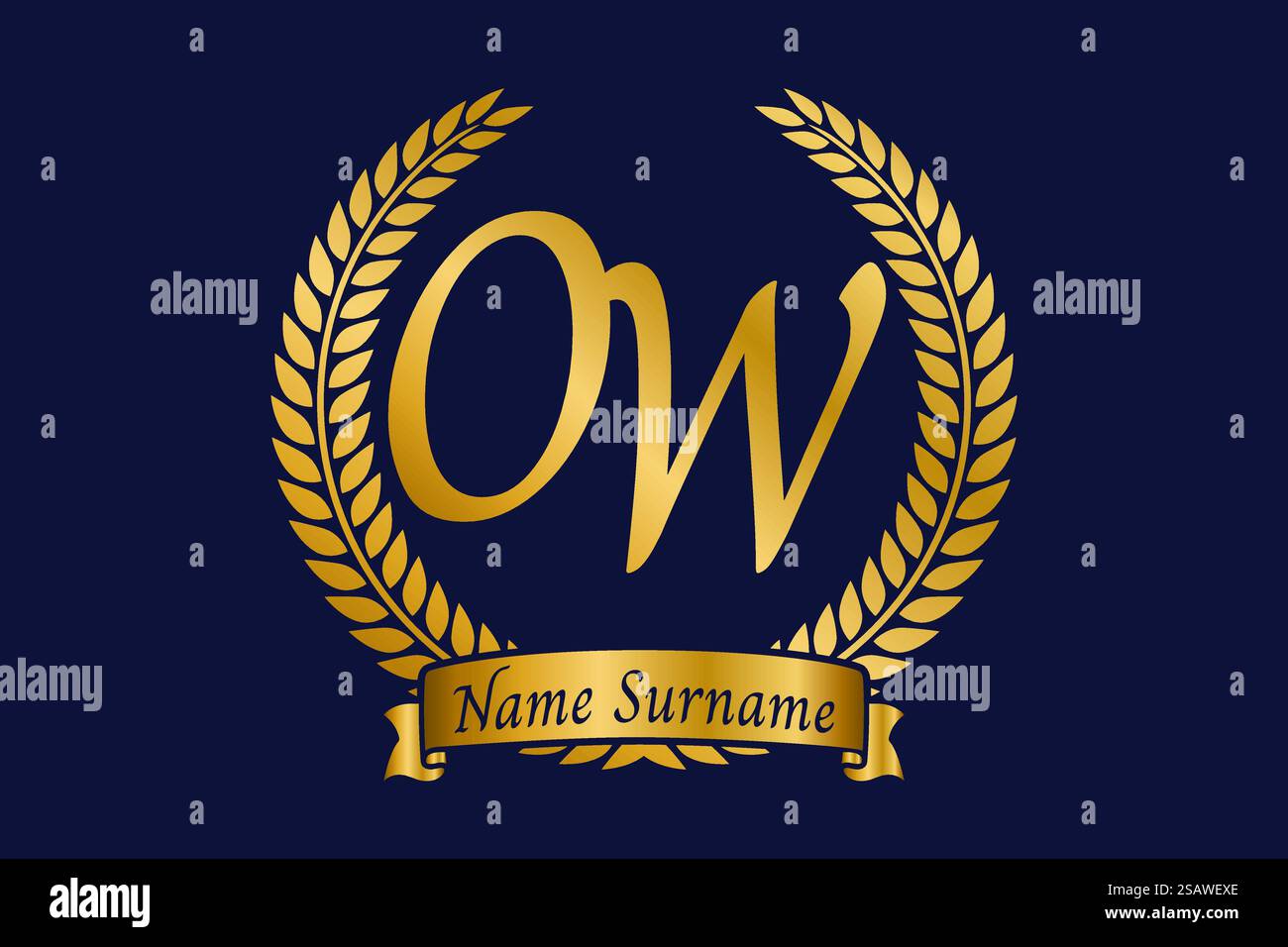Initial letter O and W, OW monogram logo design with laurel wreath. Luxury golden emblem with ...