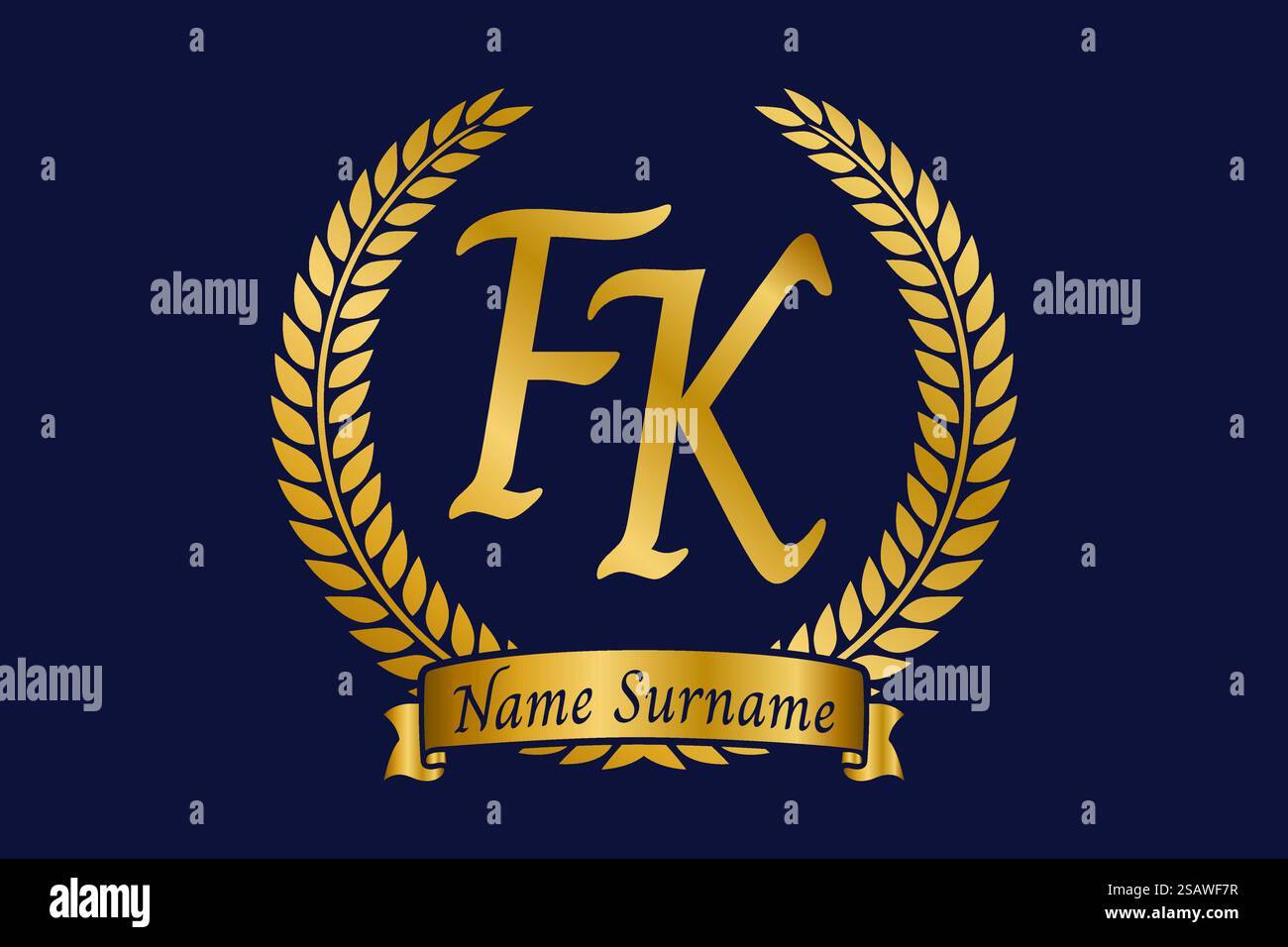 Initial letter F and K, FK monogram logo design with laurel wreath. Luxury golden emblem with ...