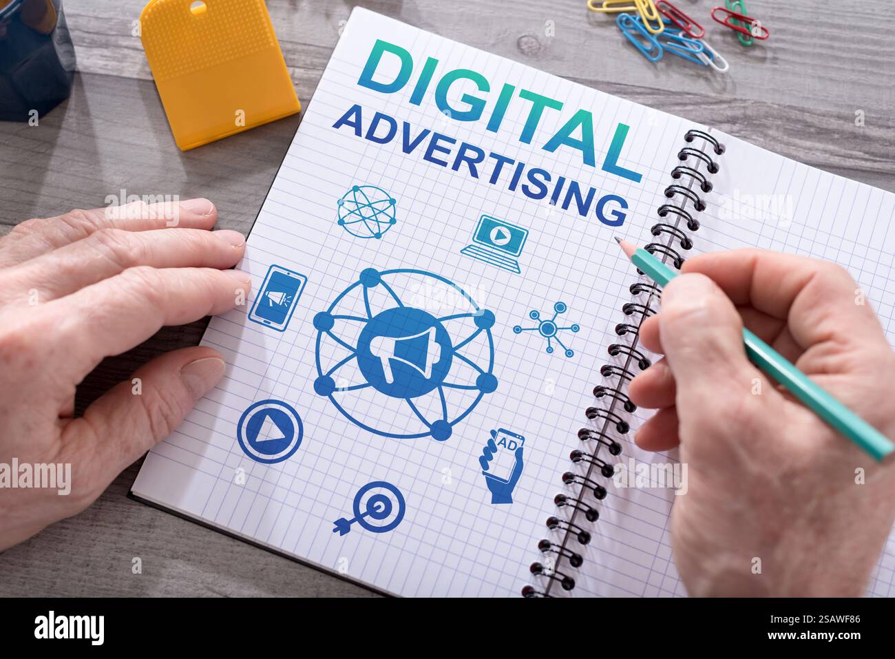 Digital advertising concept drawn on a notepad placed on a desk Stock ...