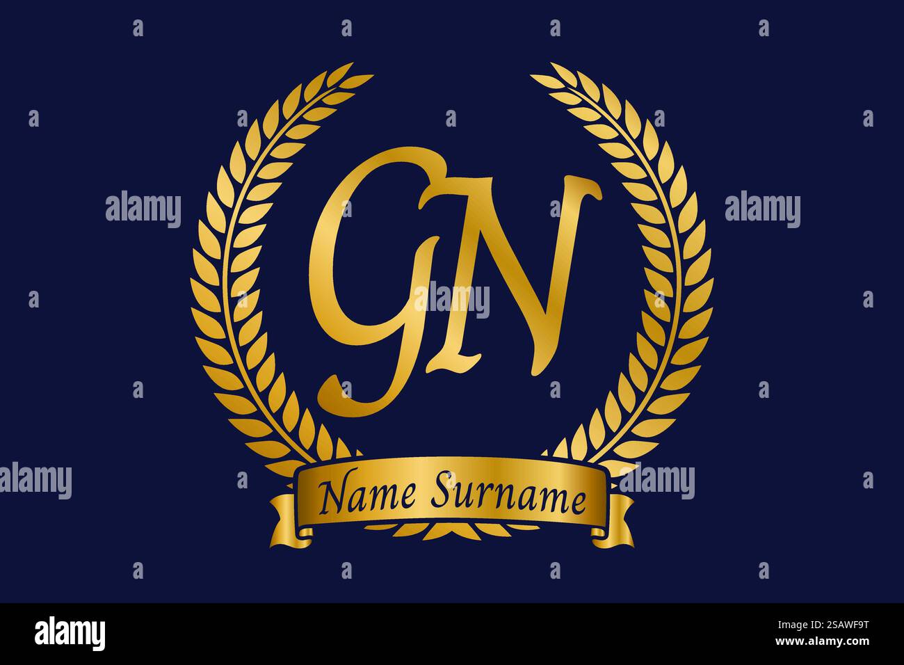 Initial letter G and N, GN monogram logo design with laurel wreath. Luxury golden emblem with ...