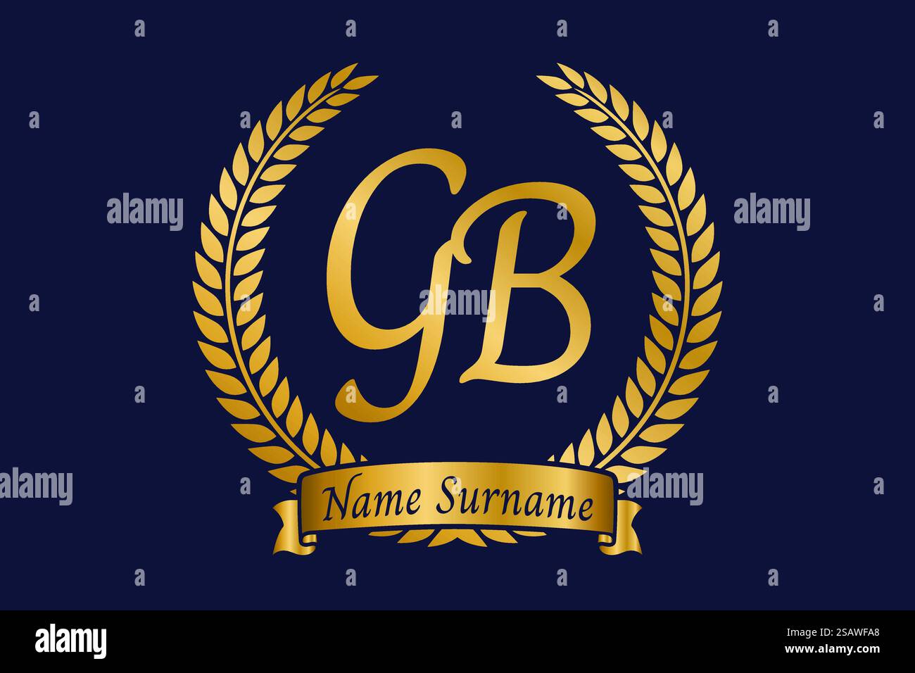 Initial letter G and B, GB monogram logo design with laurel wreath. Luxury golden emblem with ...
