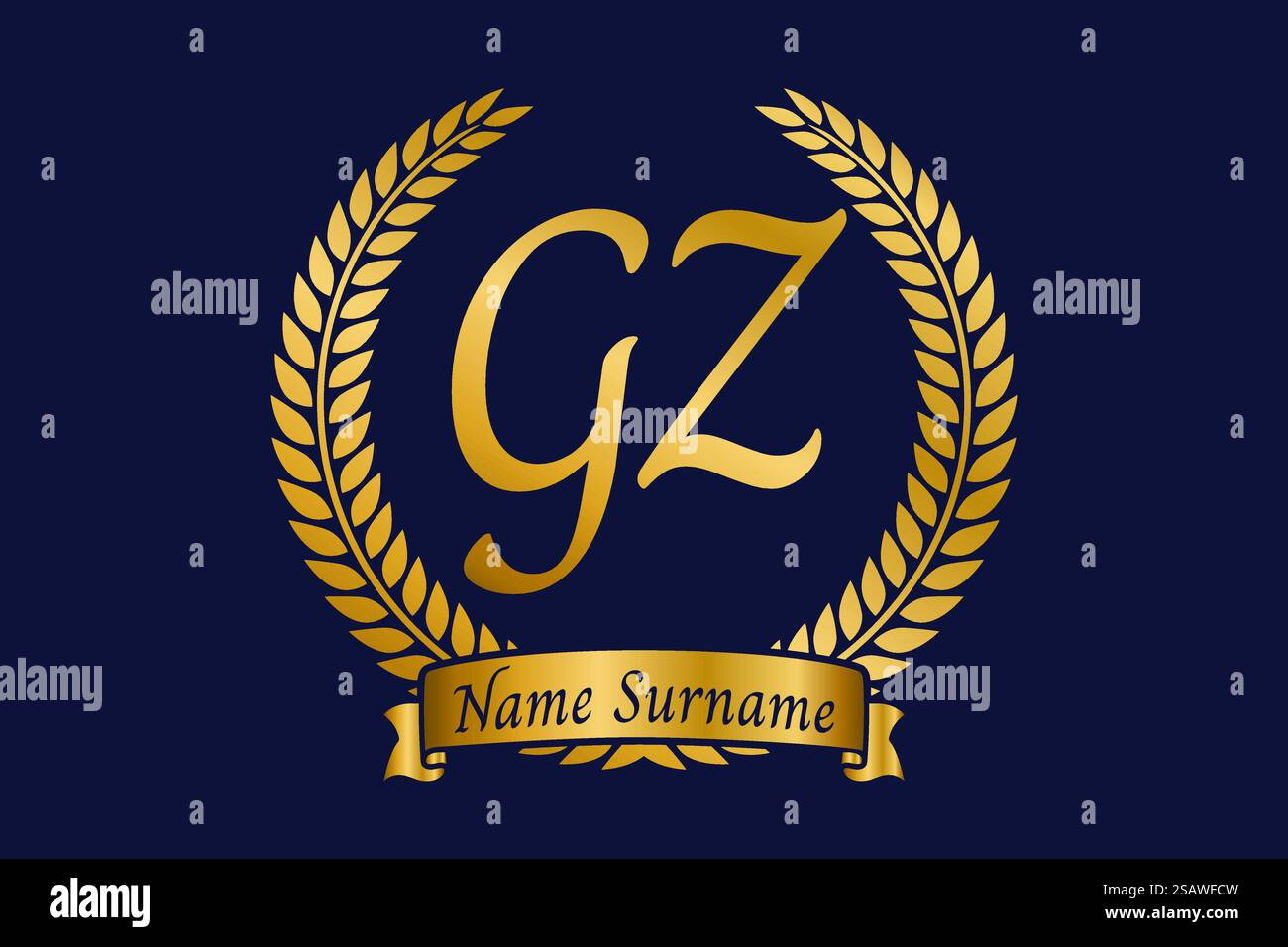 Initial letter G and Z, GZ monogram logo design with laurel wreath. Luxury golden emblem with ...