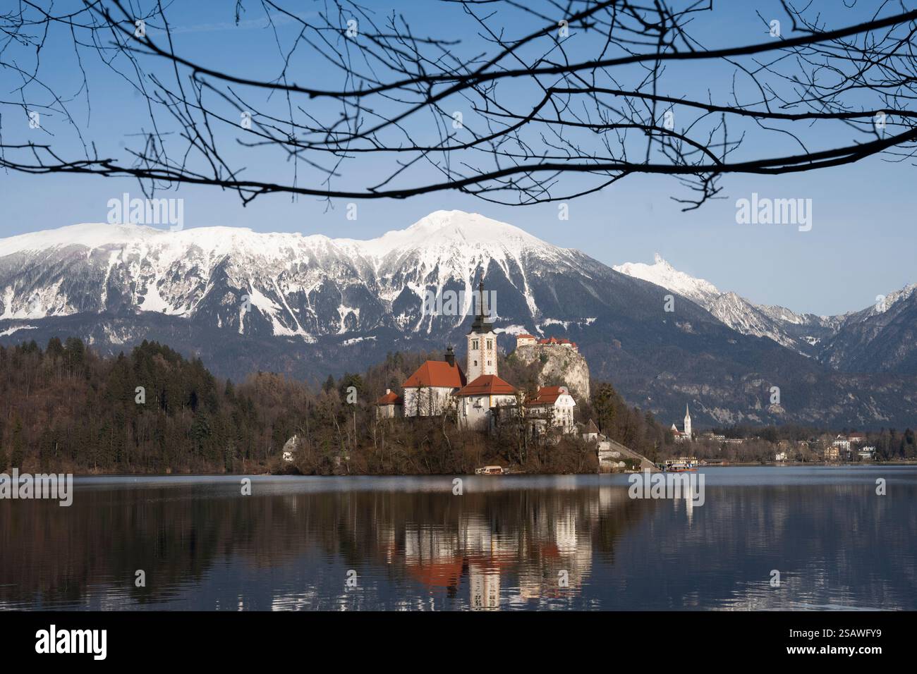 Beautiful mountains and Bled lake with small Pilgrimage Church. Bled ...