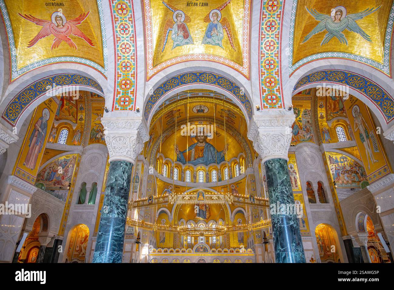 Ornate decorations and impressive mosaics adorn the interior of the Church of Saint Sava, one of ...