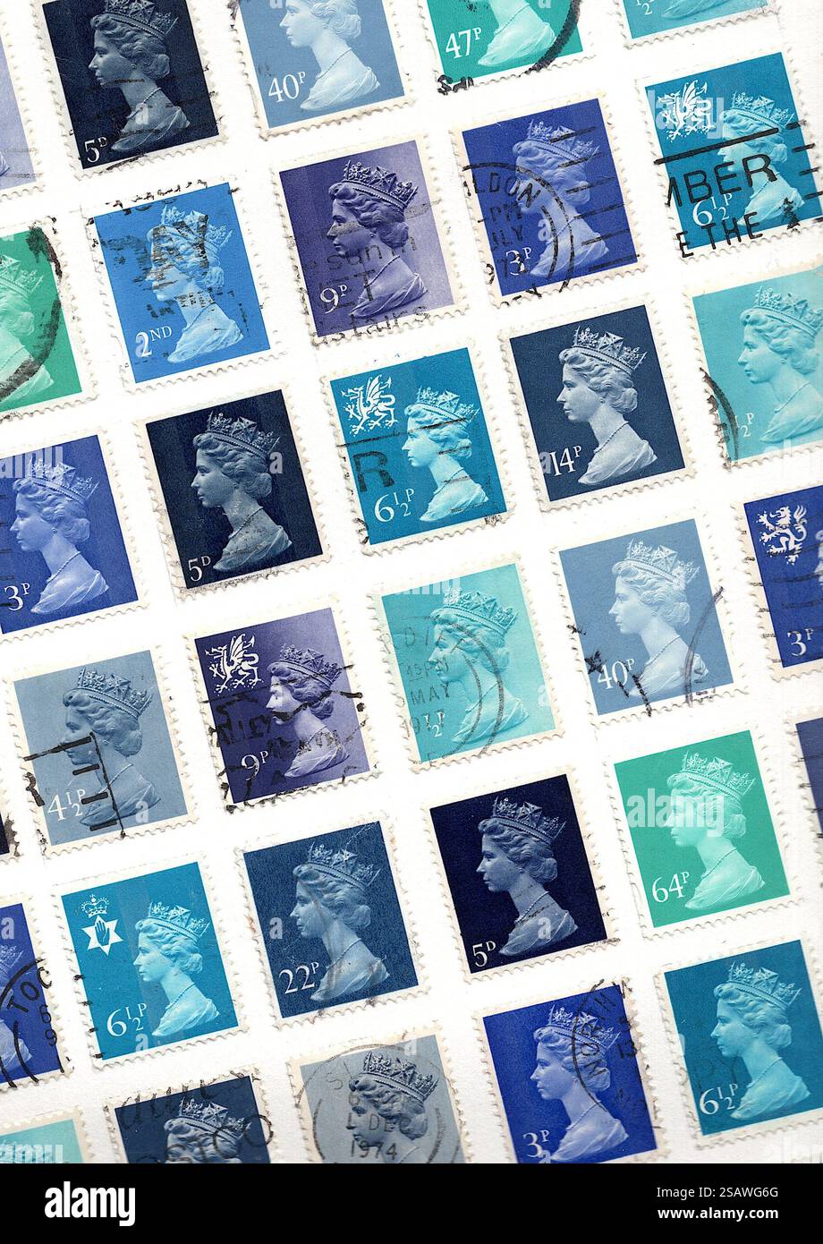 A collection of blue vintage Queen Elizabeth II postage stamps from the ...