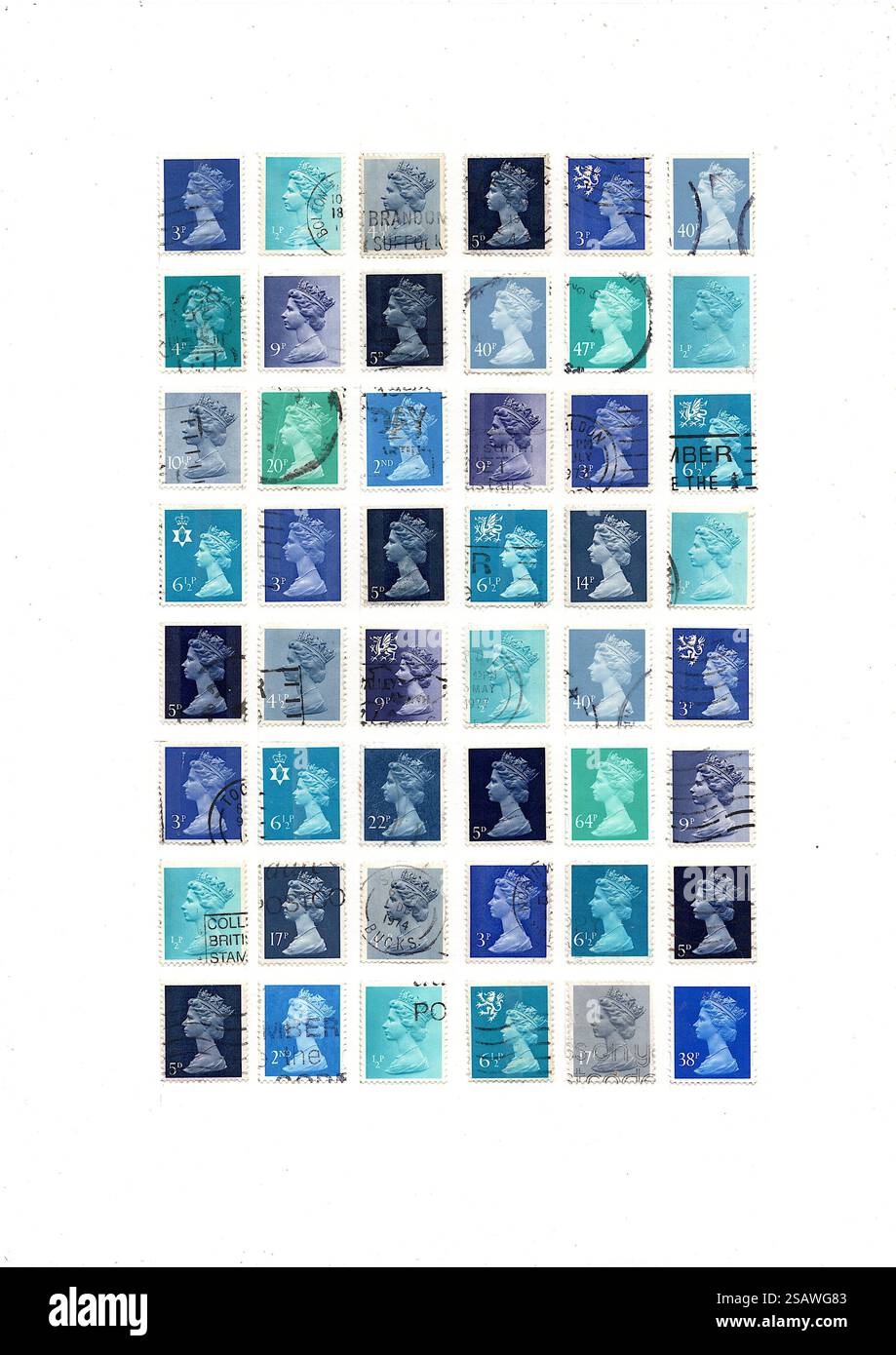 A collection of blue vintage Queen Elizabeth II postage stamps from the ...